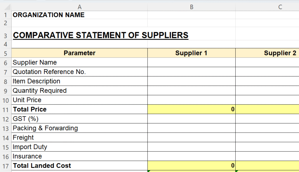 Comparative Statement Template Excel for Purchase