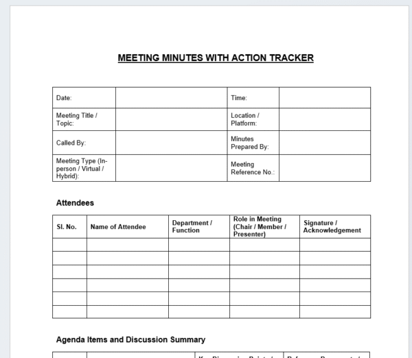 Meeting Minutes with Action Tracker Template for Teams in Word