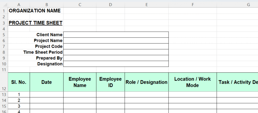 Project Time Sheet Excel Template for Client Billing and Approval