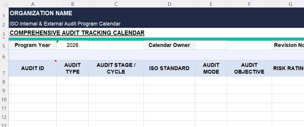 Comprehensive ISO Audit Tracking Calendar Excel Template | IPROFAZ ...